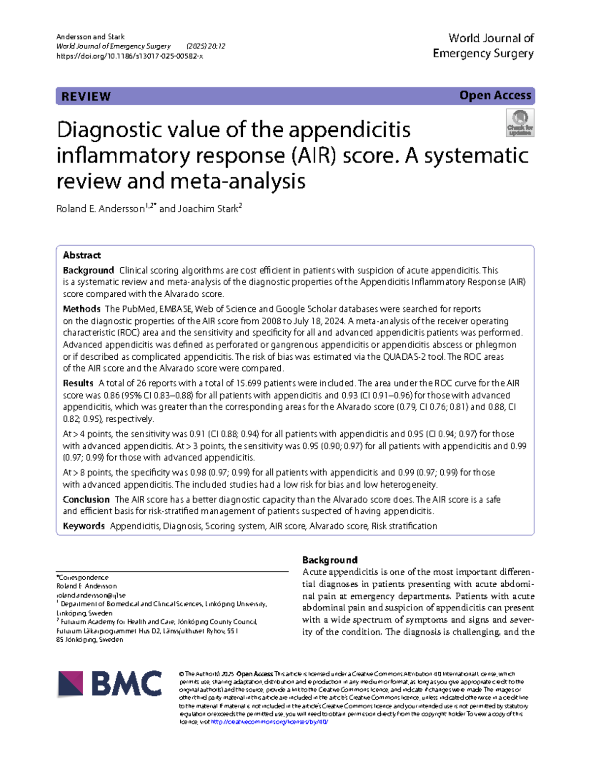 Diagnostic Value of AIR Score vs Alvarado Score in Appendicitis (S13017 ...