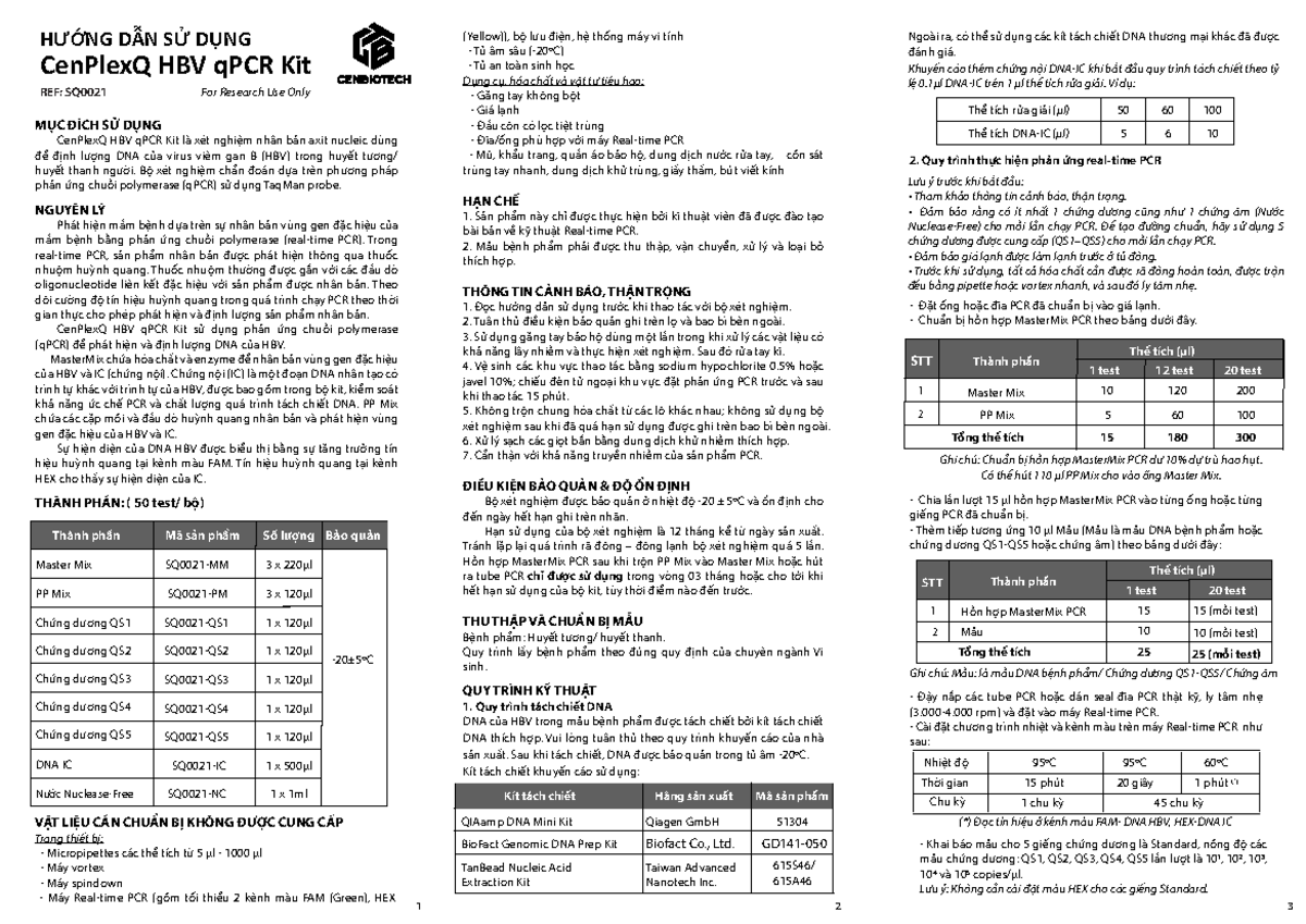 HƯỚNG DẪN SỬ DỤNG CenPlexQ HBV qPCR Kit REF: SQ0021 - Studocu