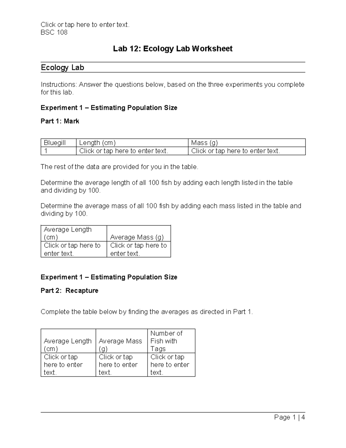 BSC 108 Lab 12: Ecology Worksheet on Population Estimation Techniques ...