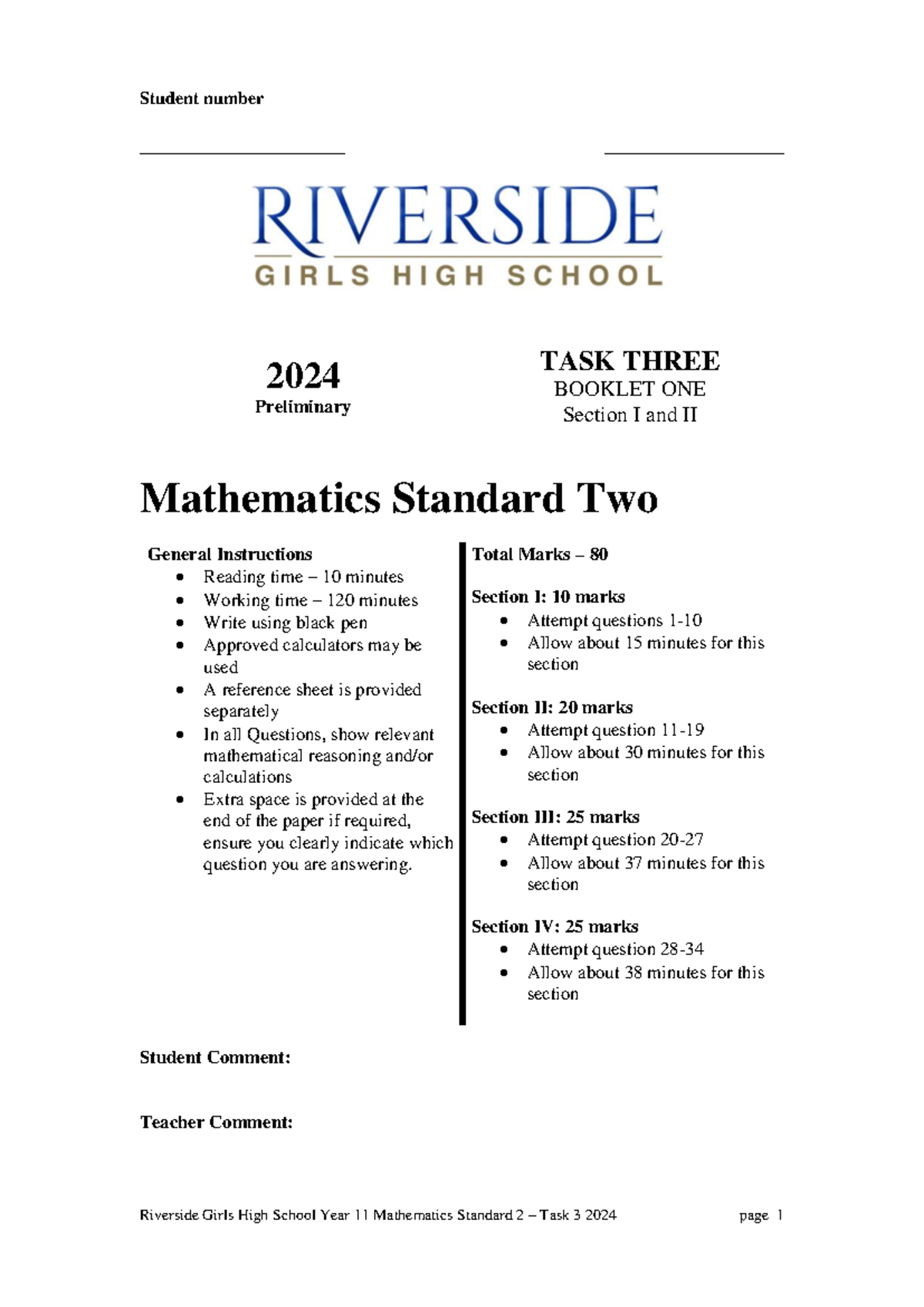 2024 Year 11 Mathematics Standard 2 Preliminary Task 3 Exam - Studocu
