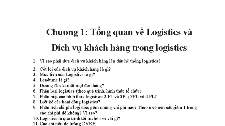 Chương 1: Tổng quan về Logistics và Dịch vụ Khách hàng (LOG101) - Studocu