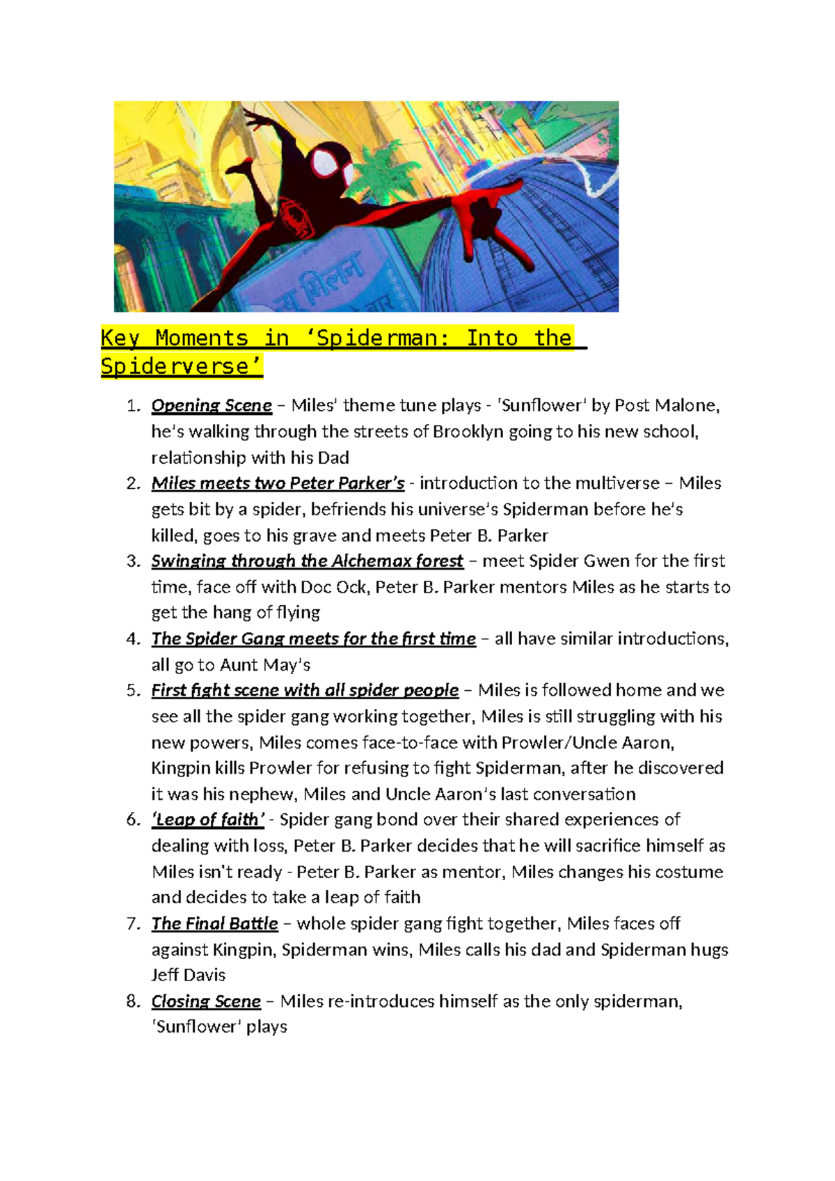 Key Moments in Spider-Man: Into the Spider-Verse (ITSV) Notes - Studocu