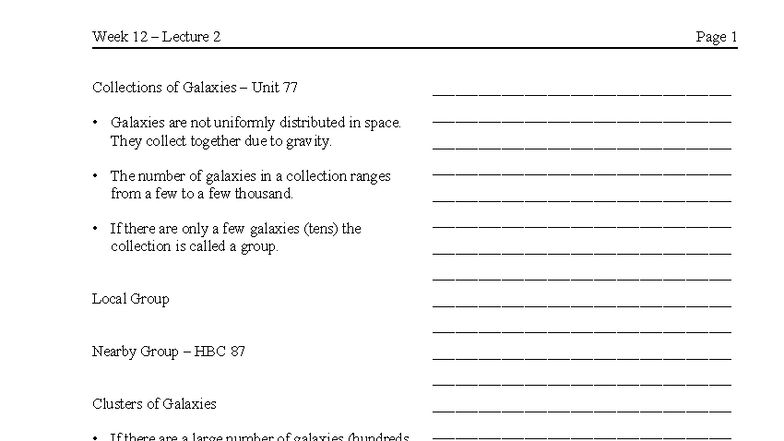 Week 12 Lecture 2: Collections of Galaxies (Unit 77) Notes - Studocu