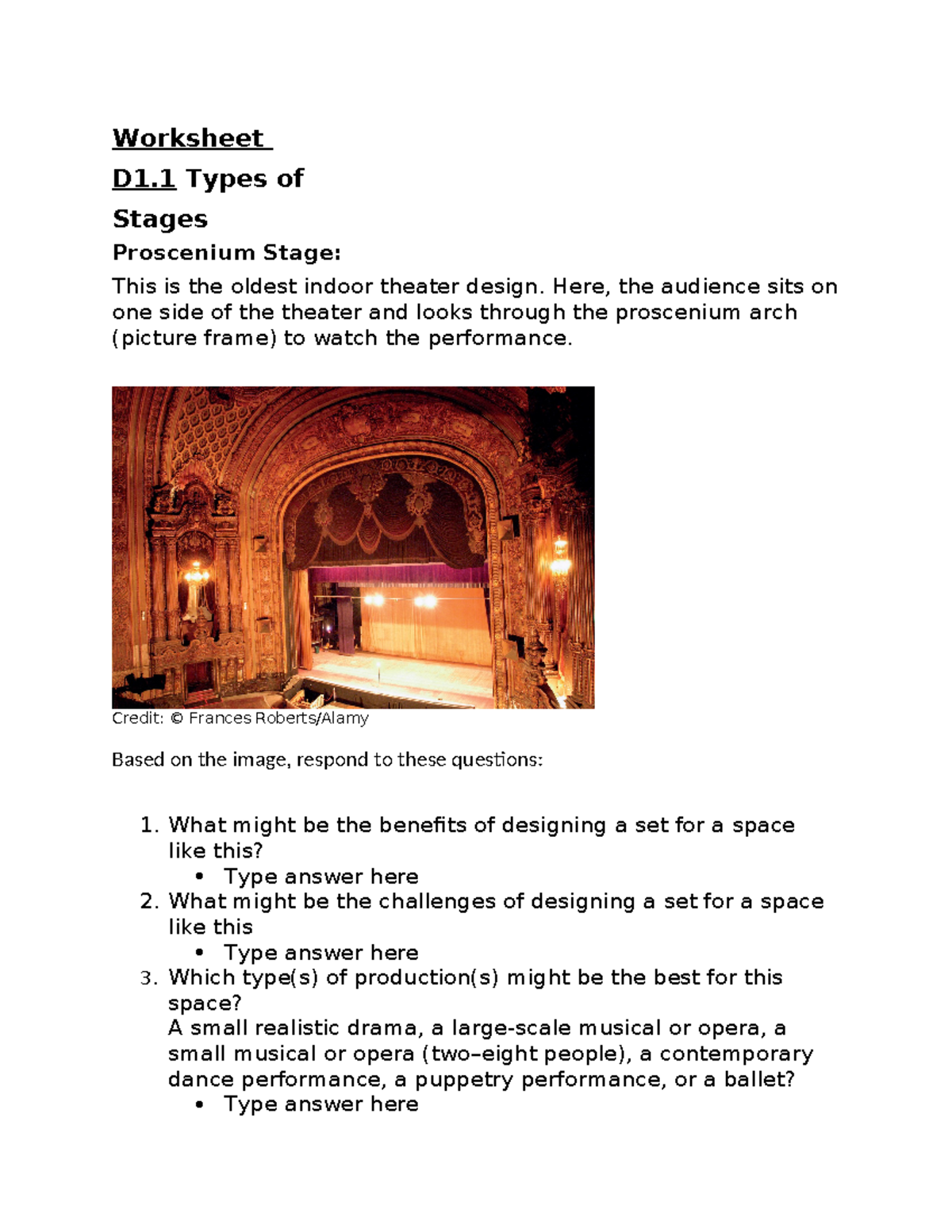 D1.1 Worksheet - Analyzing Various Stage Types in Theater Design - Studocu