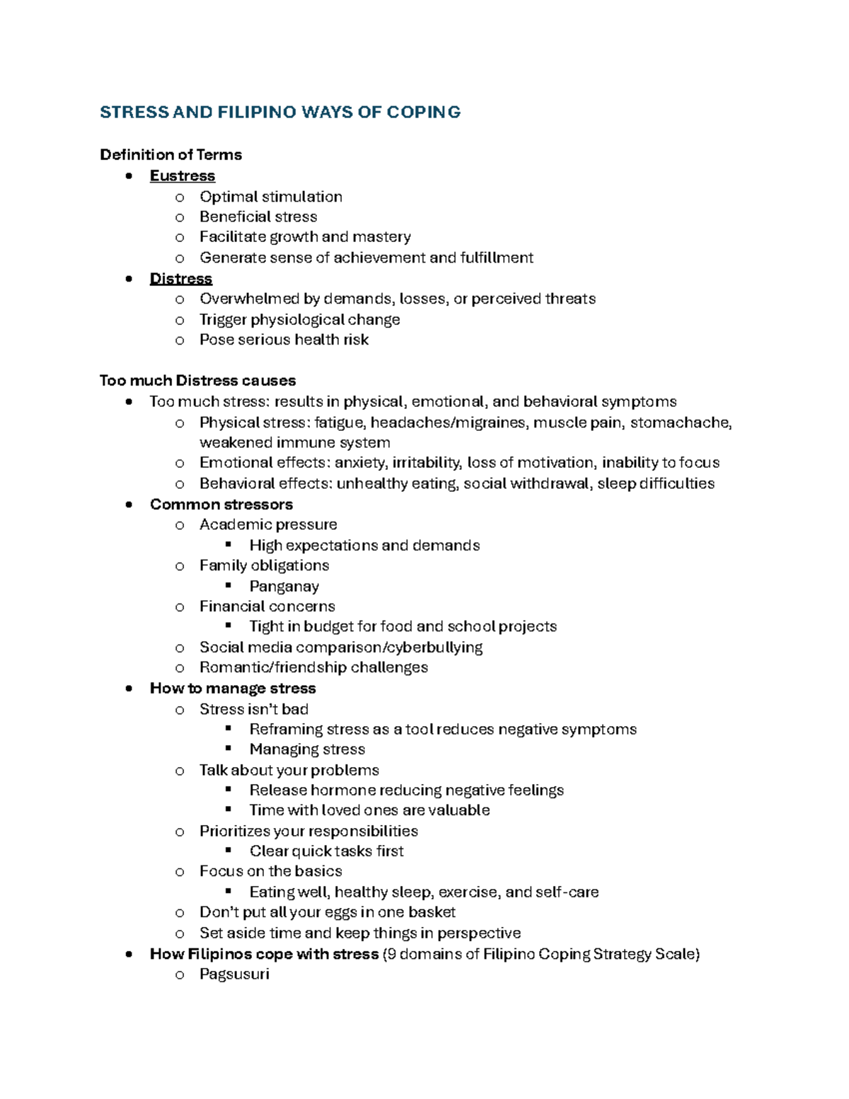 STRESS AND FILIPINO COPING STRATEGIES: A Comprehensive Overview - Studocu