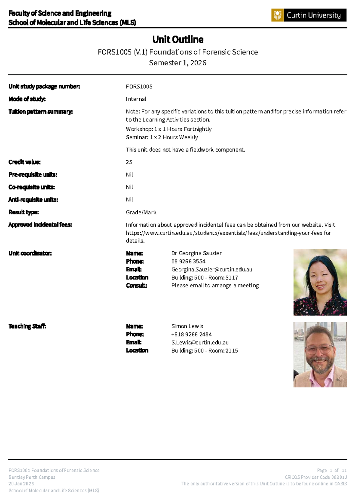 Unit Outline FORS1005: Foundations of Forensic Science - Semester 1 ...