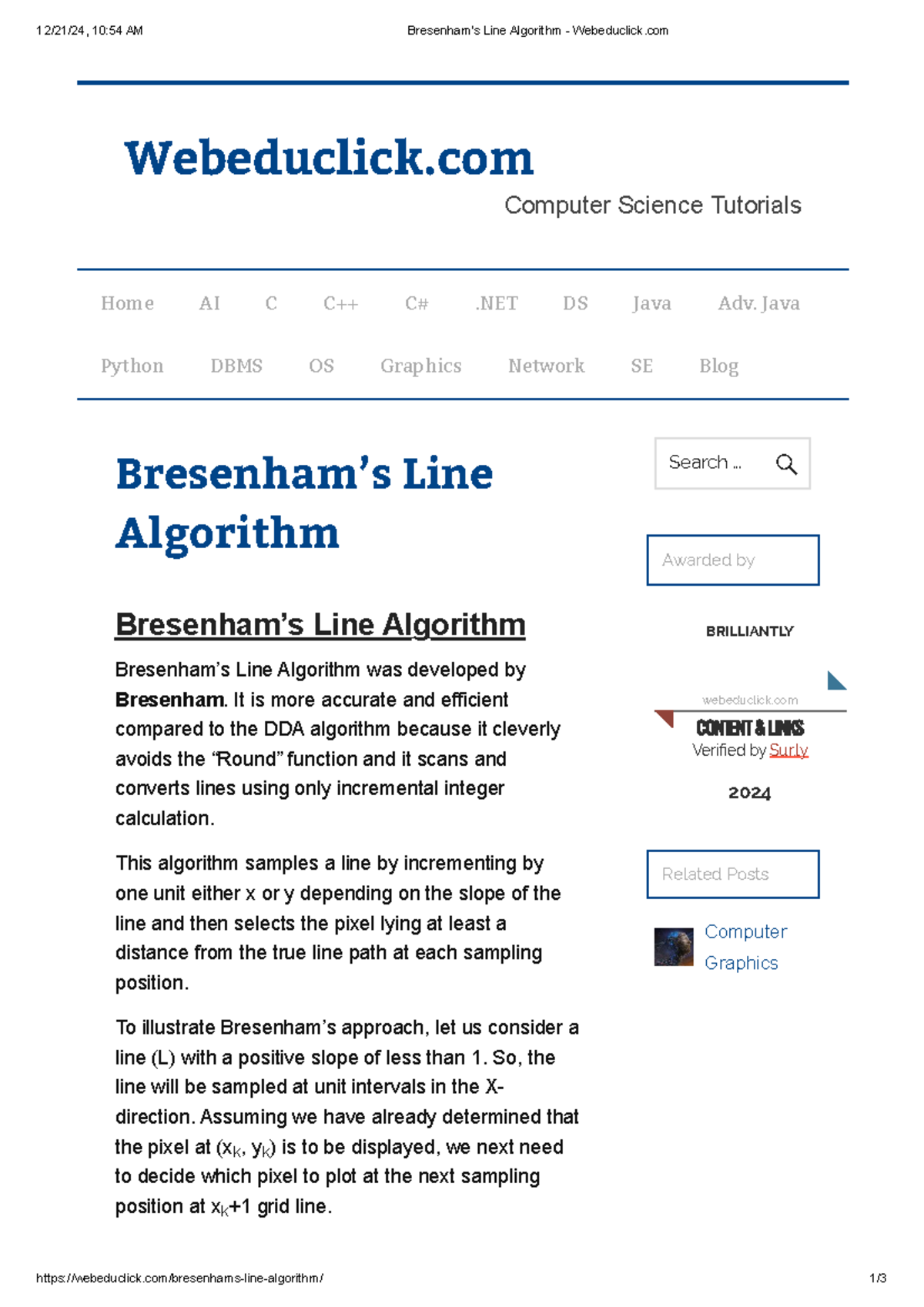 Bresenham's Line Algorithm - Webeduclick - Computer Science Tutorials Webeduclick Bresenham’s ...