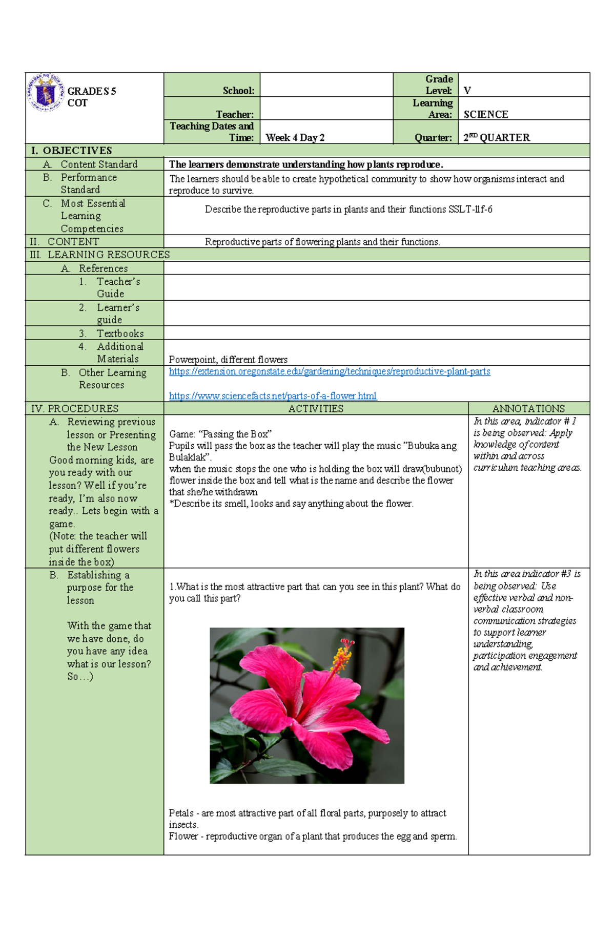 Dlp science 5hsbsjsi - GRADES 5 COT School: Grade Level: V Teacher ...