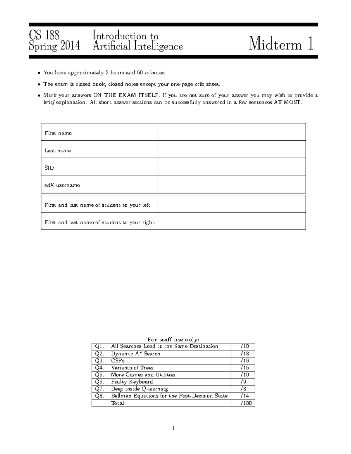 Sp14 midterm 1 - spring - CS 188 Spring 2014 Introduction to Artificial ...