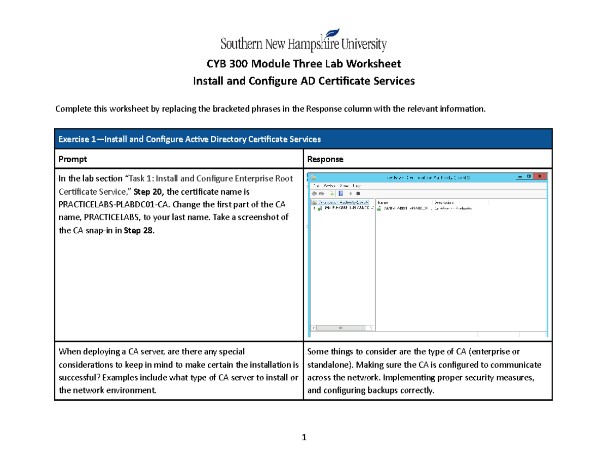SNHU CYB 300 Module 3 Lab: AD Certificate Services Configuration - Studocu