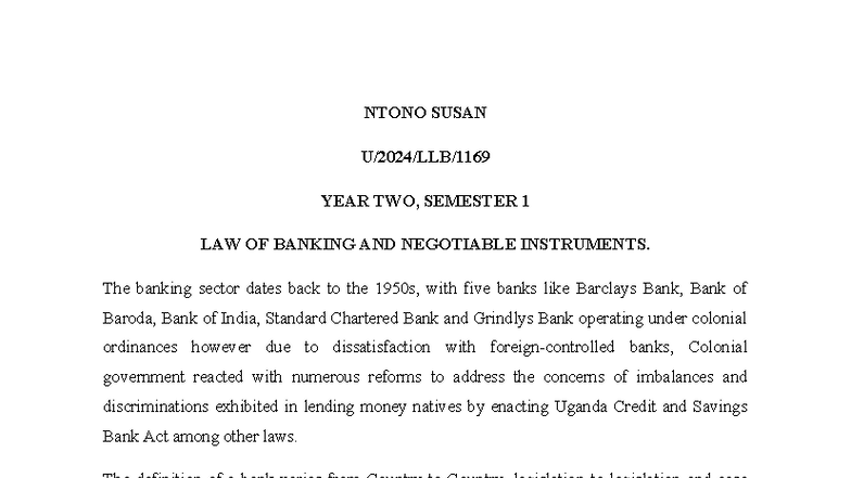 NTONO SUSAN YEAR TWO, SEMESTER 1 LAW OF BANKING AND NEGOTIABLE ...