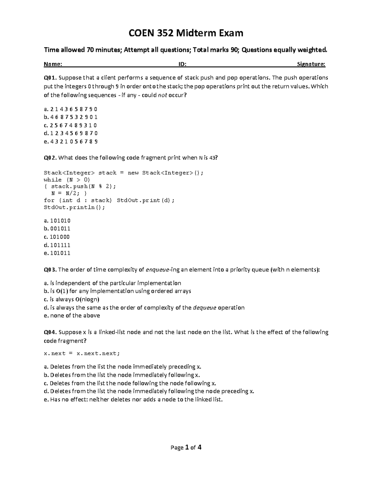 COEN 352 - Midterm Exam Sample Questions and Answers - Studocu