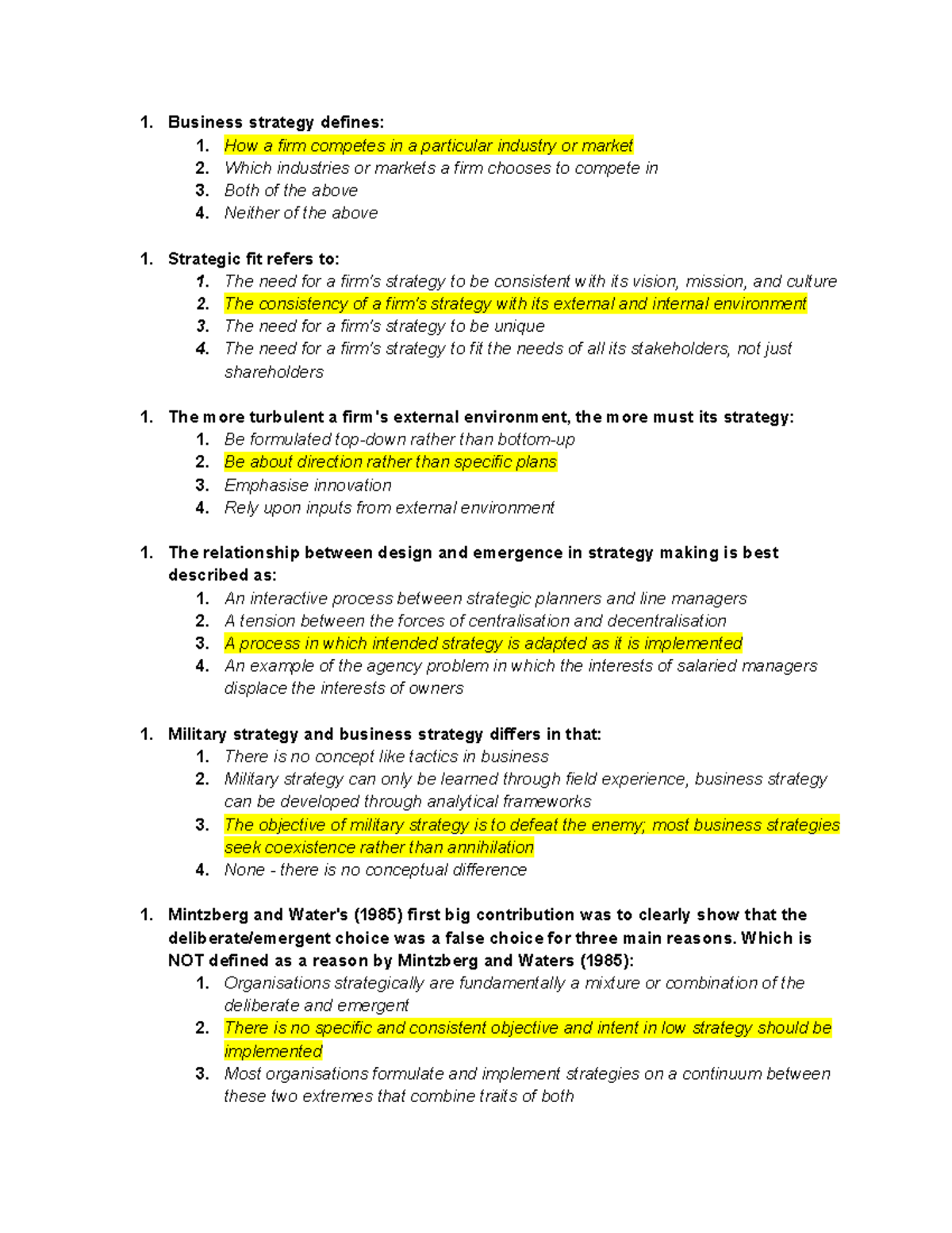 MCQ Samples for Business Strategy Concepts - Course Code: BS101 - Studocu