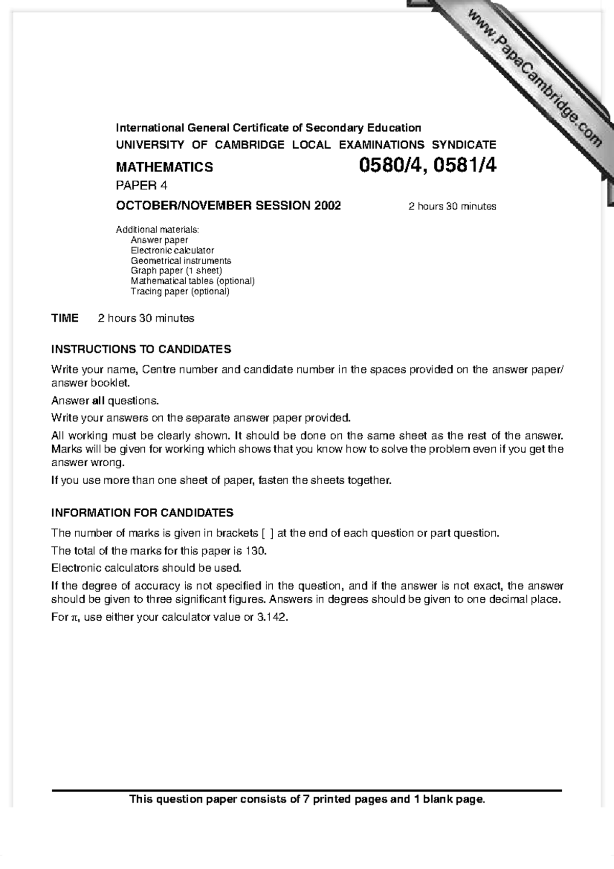 Mathematics Paper 4 - IGCSE 0580 - Cambridge Exam 2002 - Studocu