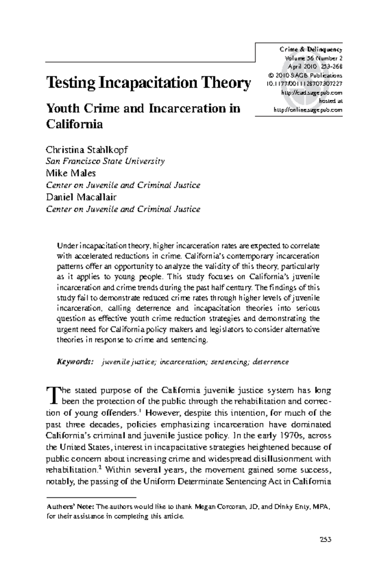 Testing Incapacitation Theory: Youth Crime & Incarceration in CA - Studocu