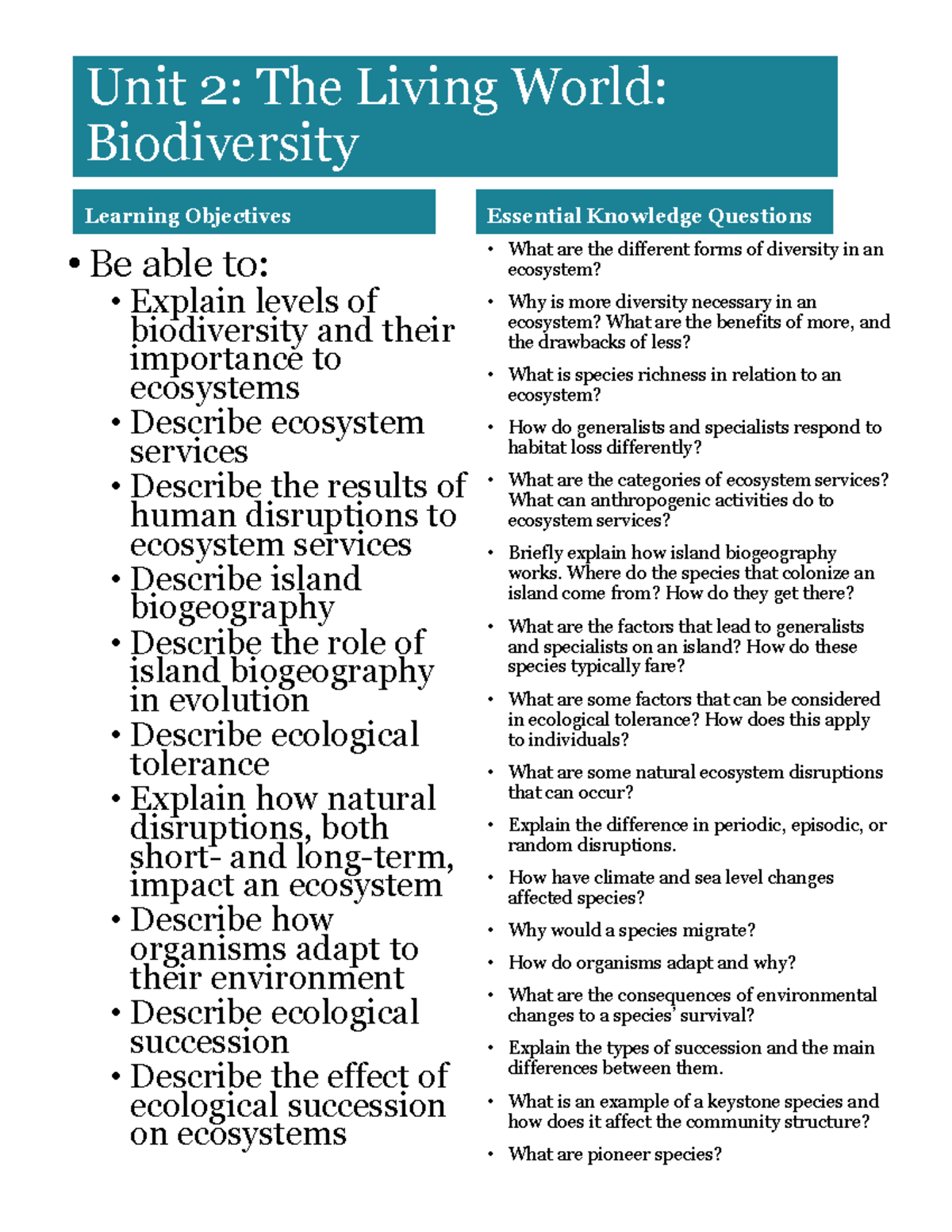 D7-Unit 2 Study Guide: Biodiversity and Ecosystem Dynamics - Studocu