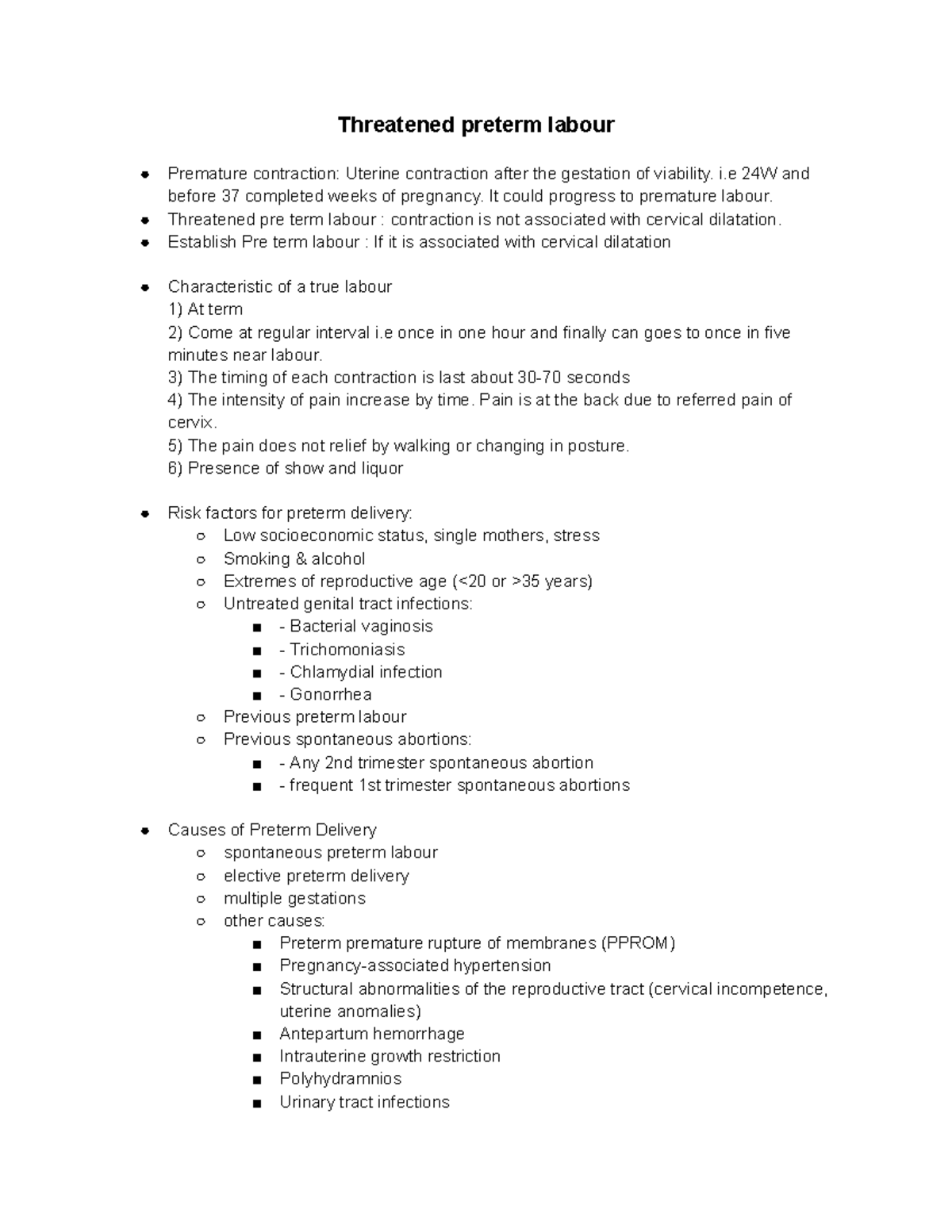 Study Notes on Threatened Preterm Labour (Maternity Care) - Studocu