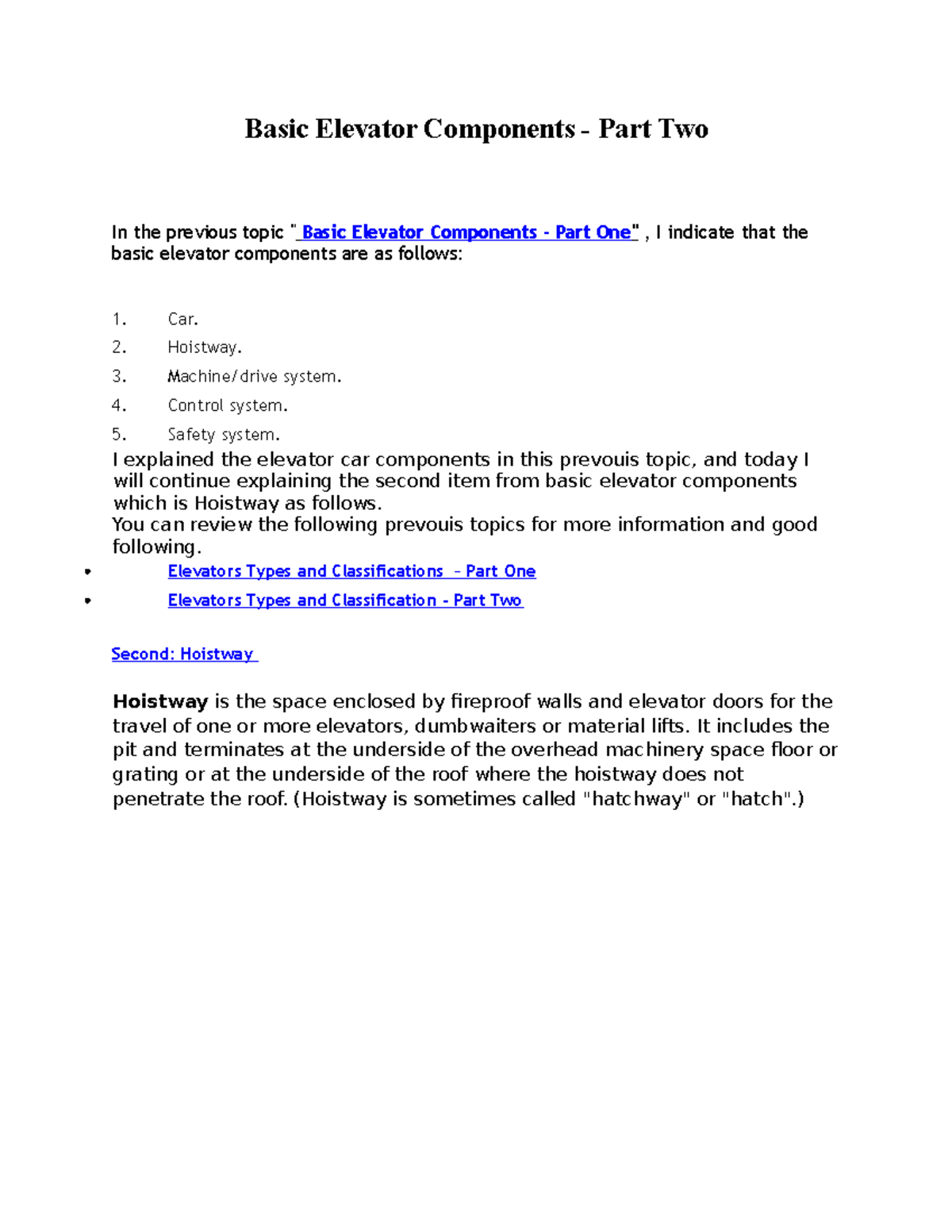 Basic Elevator Components: Understanding Hoistway Systems - Studocu