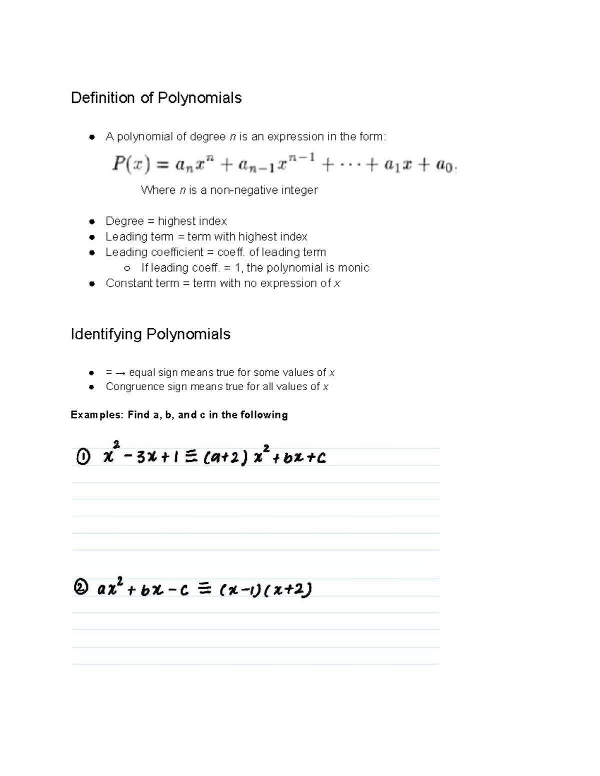 Polynomials: Definitions, Theorems, and Examples (Math 101) - Studocu