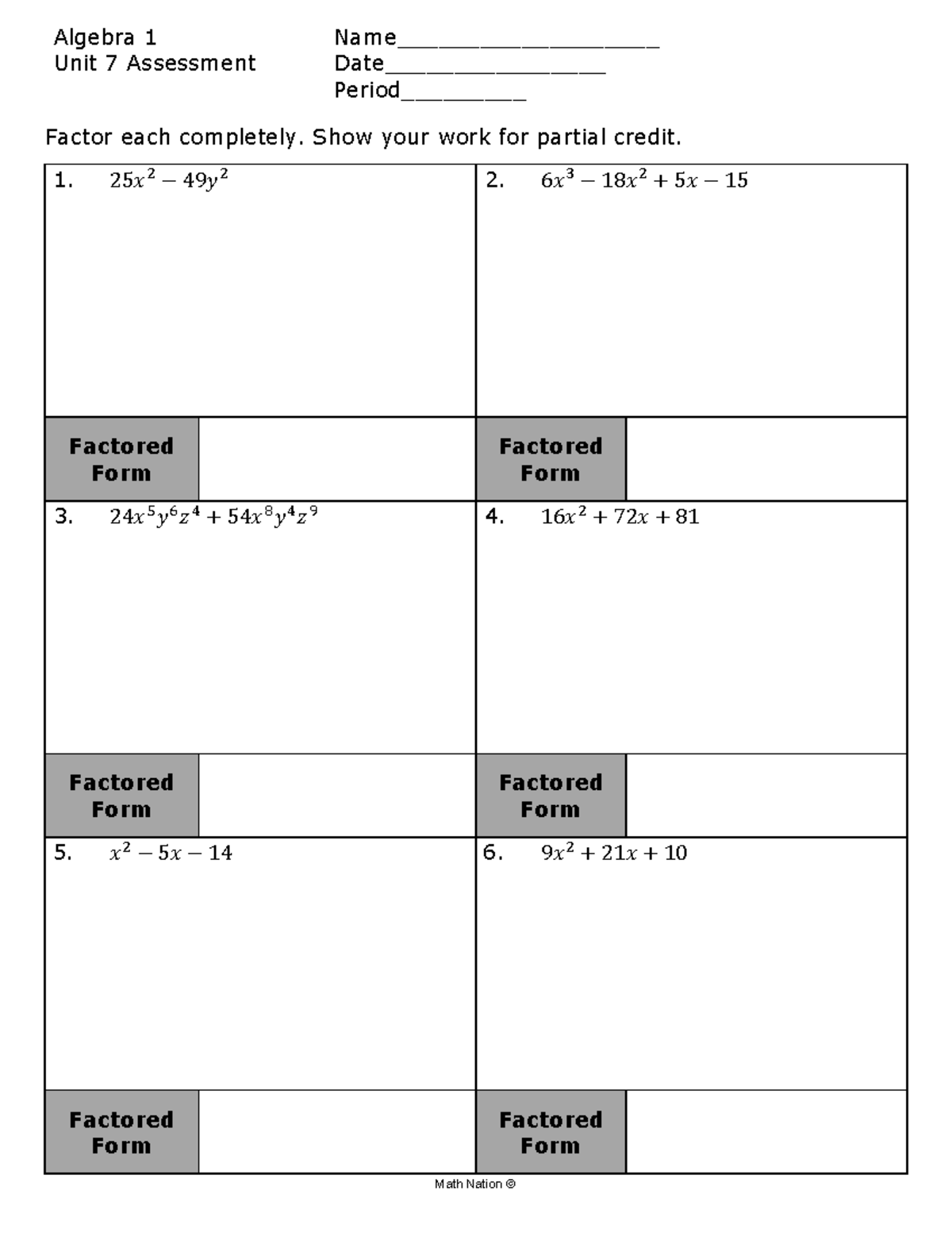 Review 7 - Algebra 1 Name___________________ Unit 7 Assessment Date ...