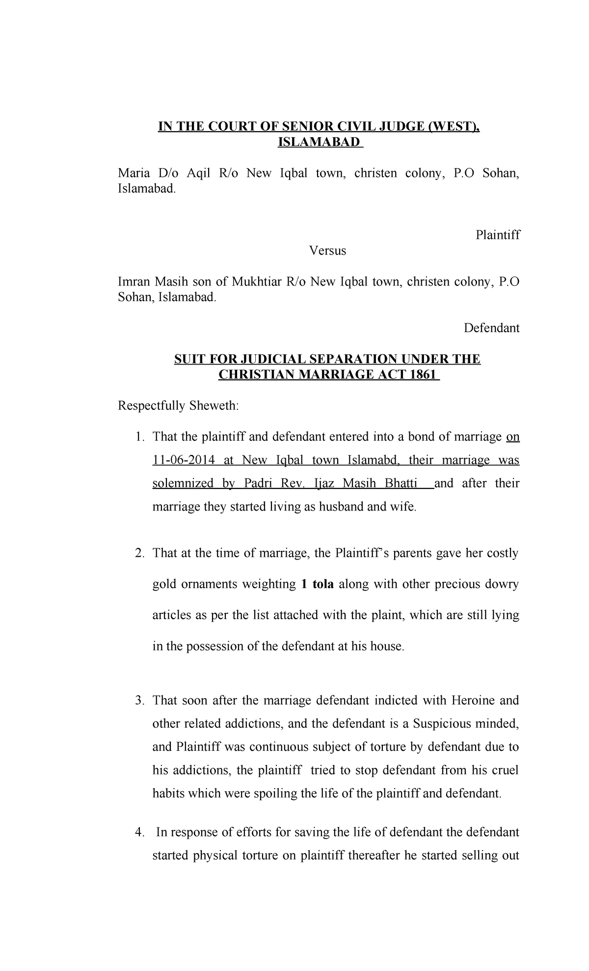 Christian Divorce Case: Maria Vs Imran (Judicial Separation Suit) - Studocu