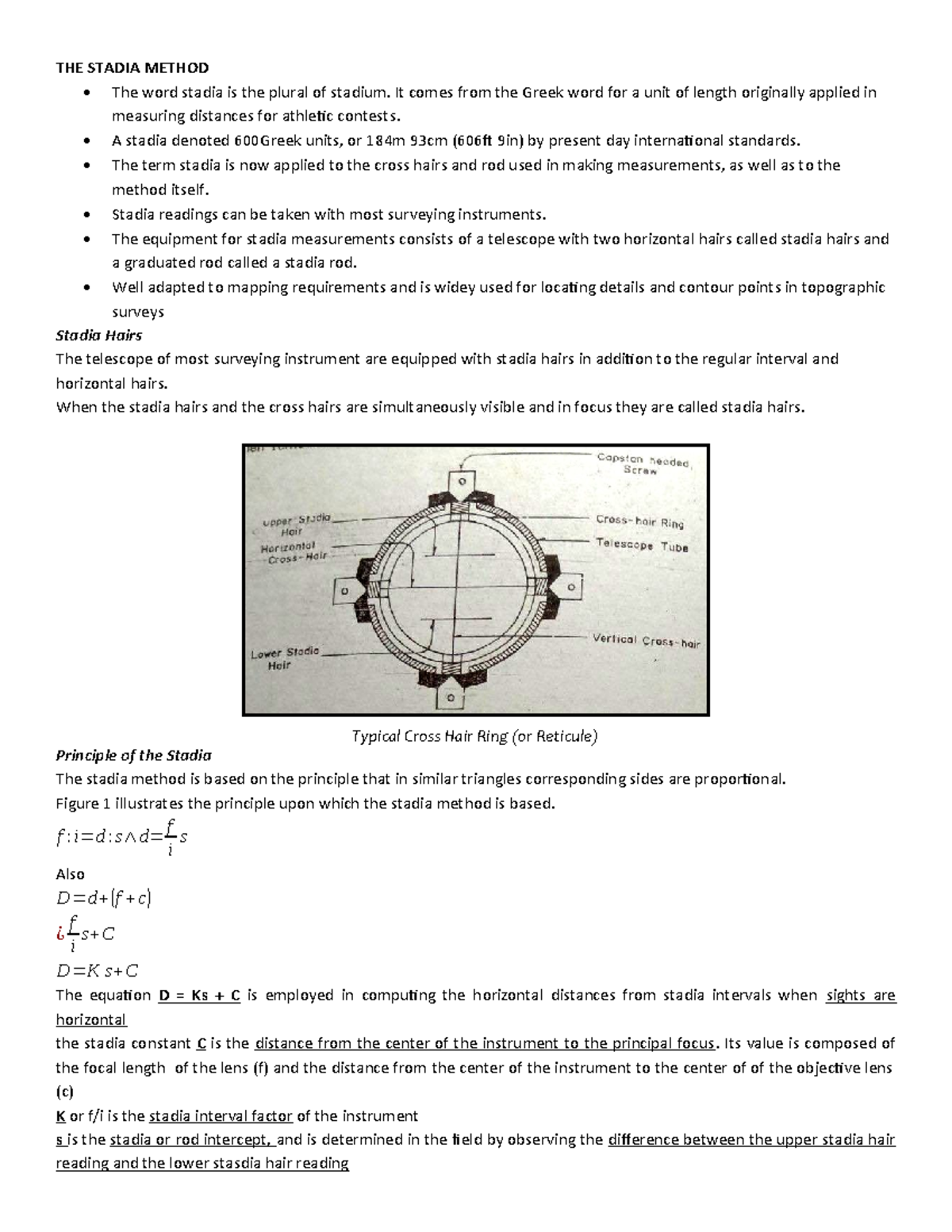 The stadia method In determining stadia interval factor (K) of a ...