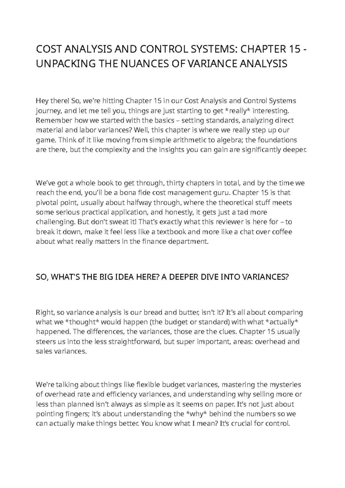COST ANALYSIS AND CONTROL SYSTEMS: CHAPTER 15 VARIANCE ANALYSIS - Studocu