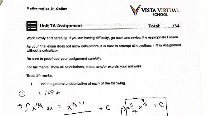 Mathematics 31 M31 Unit 7A Assignment: Integrals Part 1 - Studocu