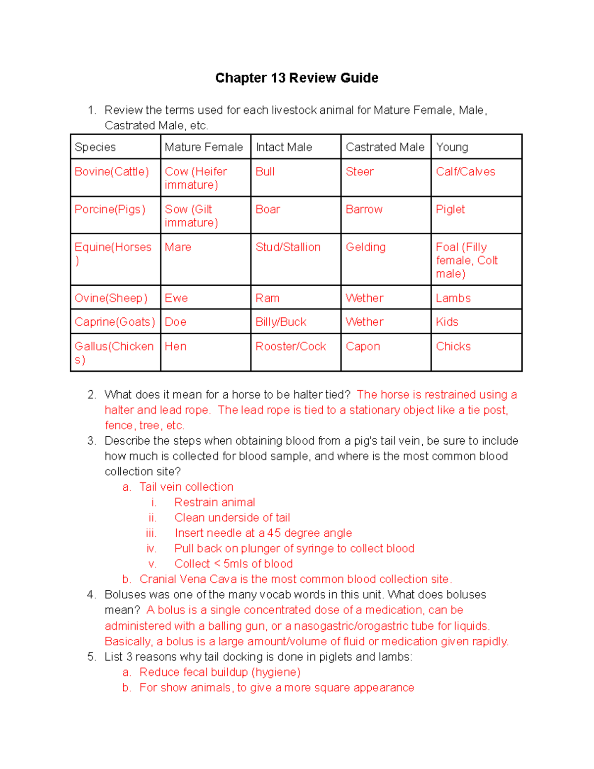 Chapter 13 Review Guide: Livestock Terminology and Care - Studocu
