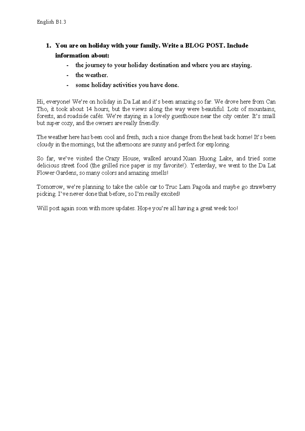 English B1.3: Holiday Blog Post from Da Lat Adventures - Studocu