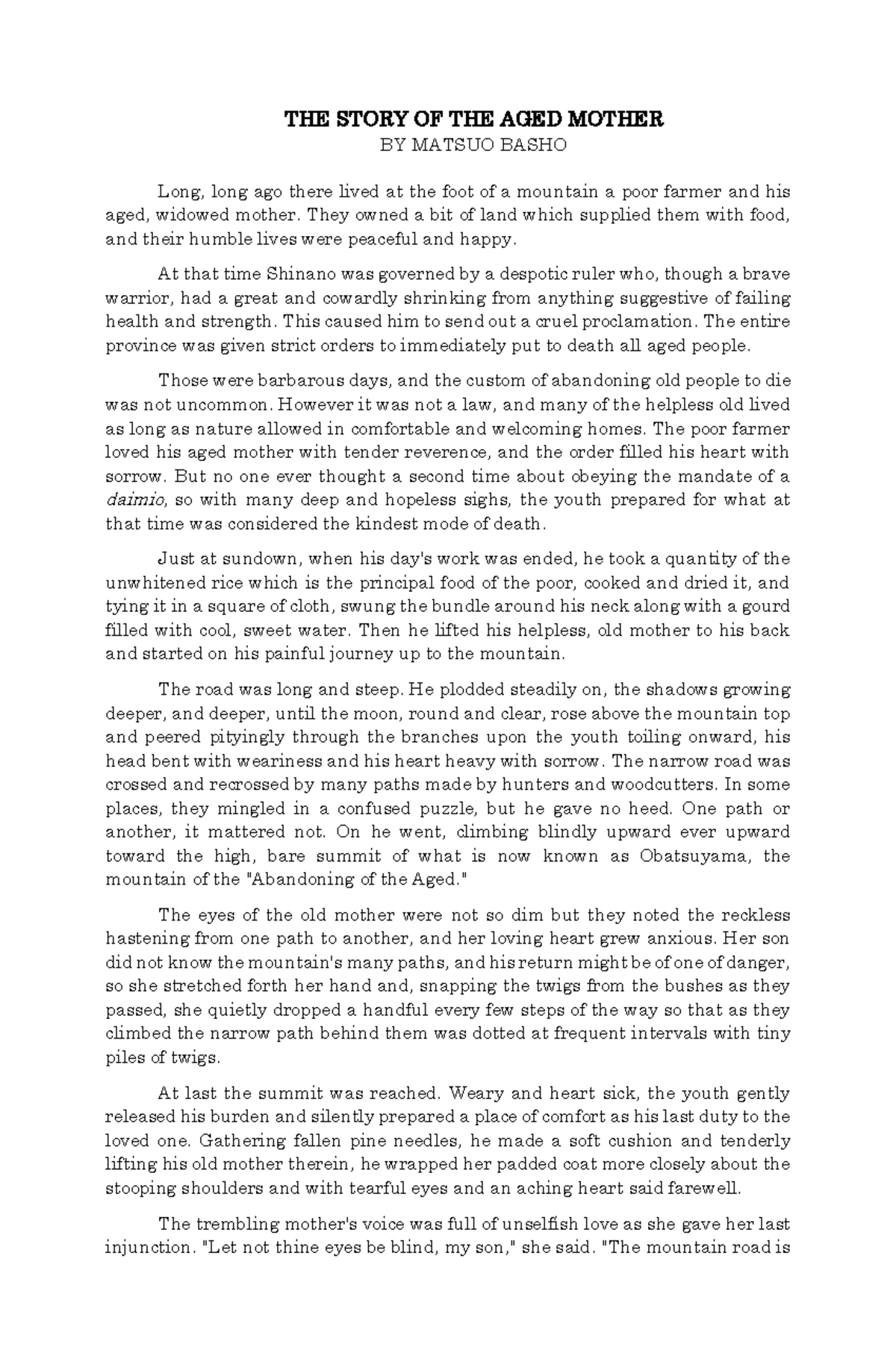 The Story of the Aged Mother: A Lesson in Love and Wisdom - Studocu