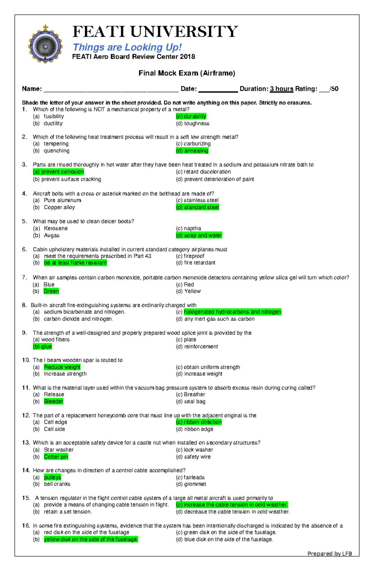 Final Mock Exam (Airframe) - FEATI University Review 2018 - Studocu