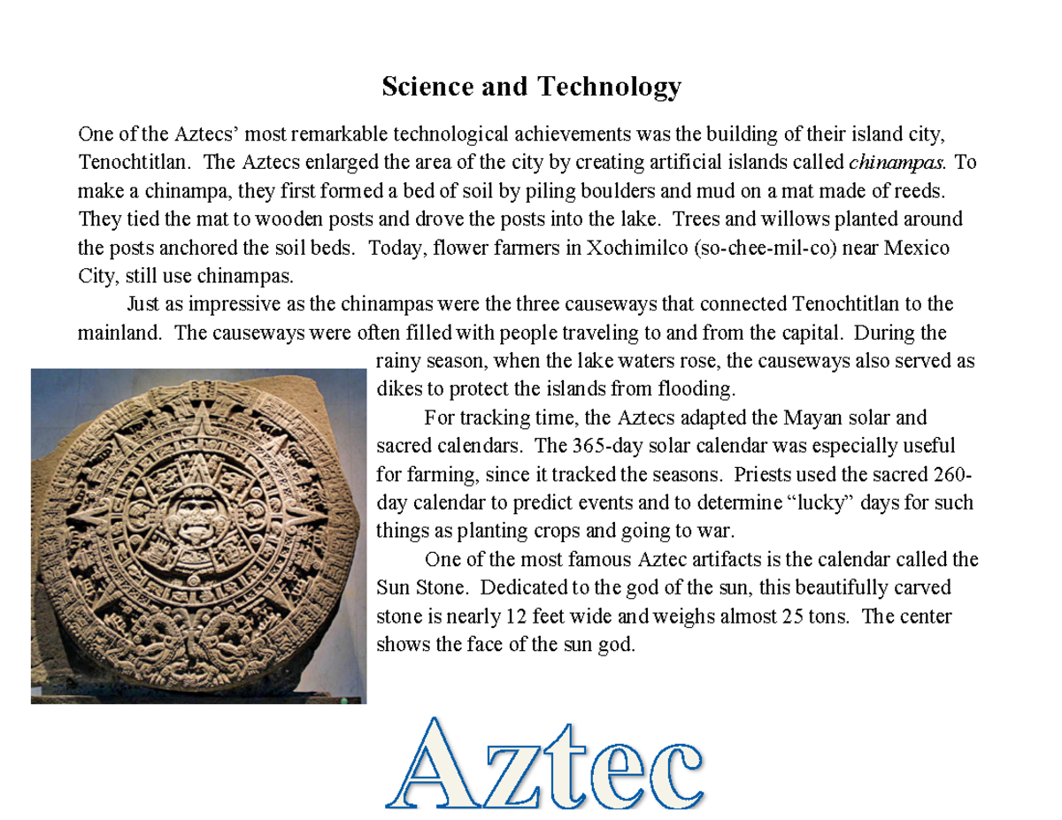 Aztec achievements placards - Science and Technology One of the Aztecs ...