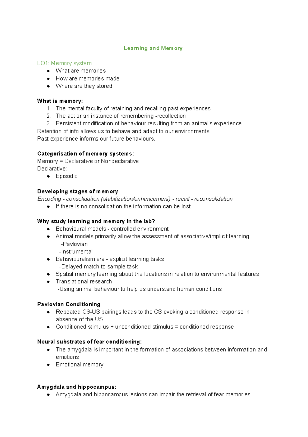 Learning and Memory - Learning and Memory LO1: Memory system: What are ...