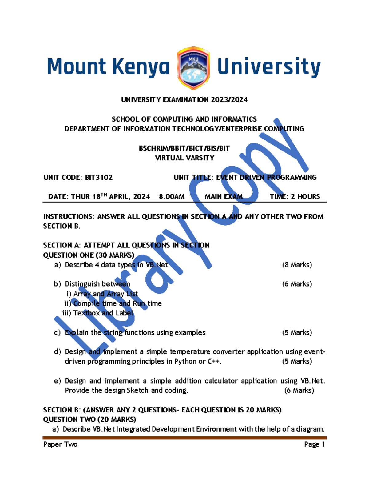 BIT3102 - Event Driven Programming Final Exam Guide - Studocu