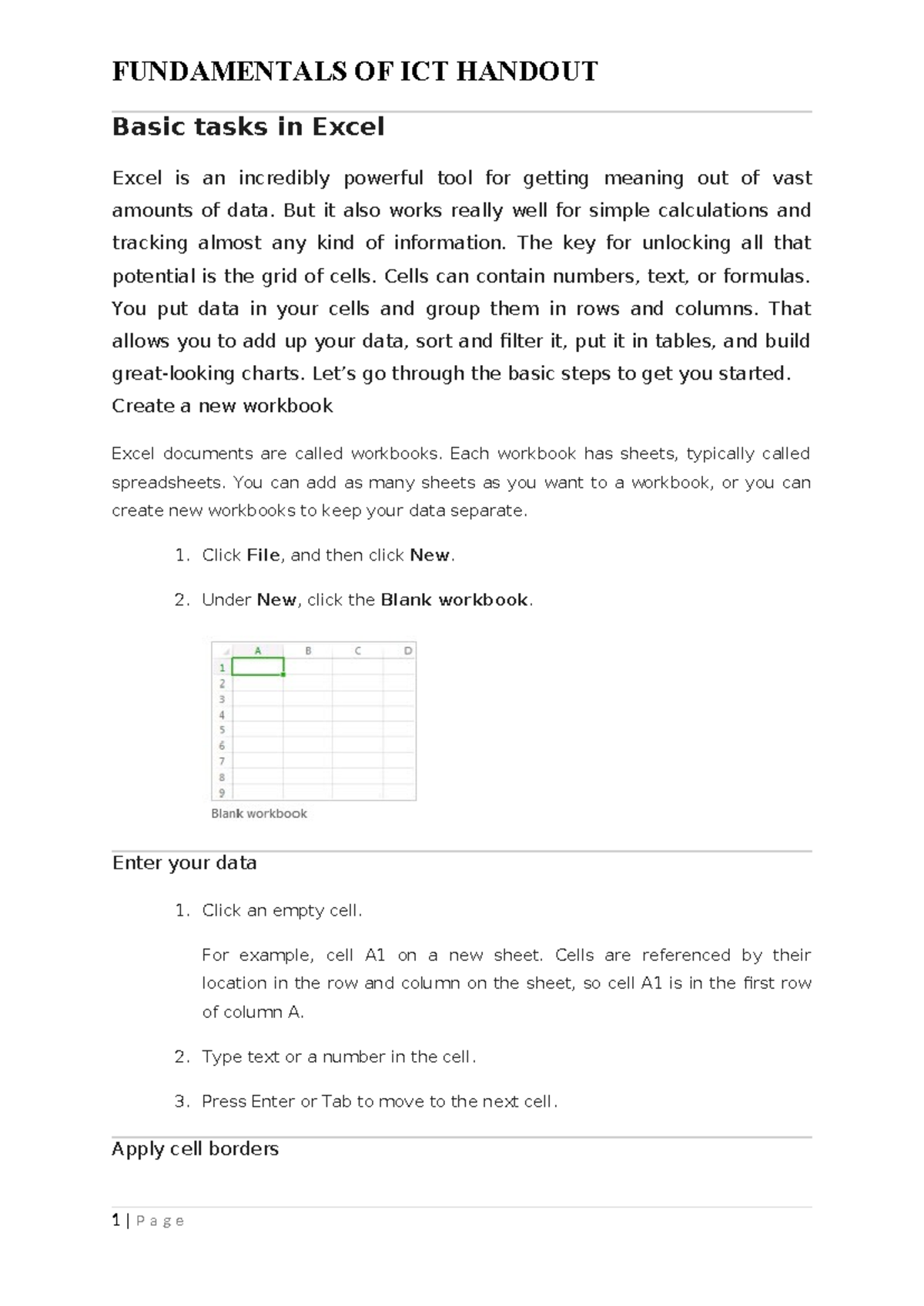 FUNDAMENTALS OF ICT HANDOUT: Basic Excel Tasks for Beginners - Studocu