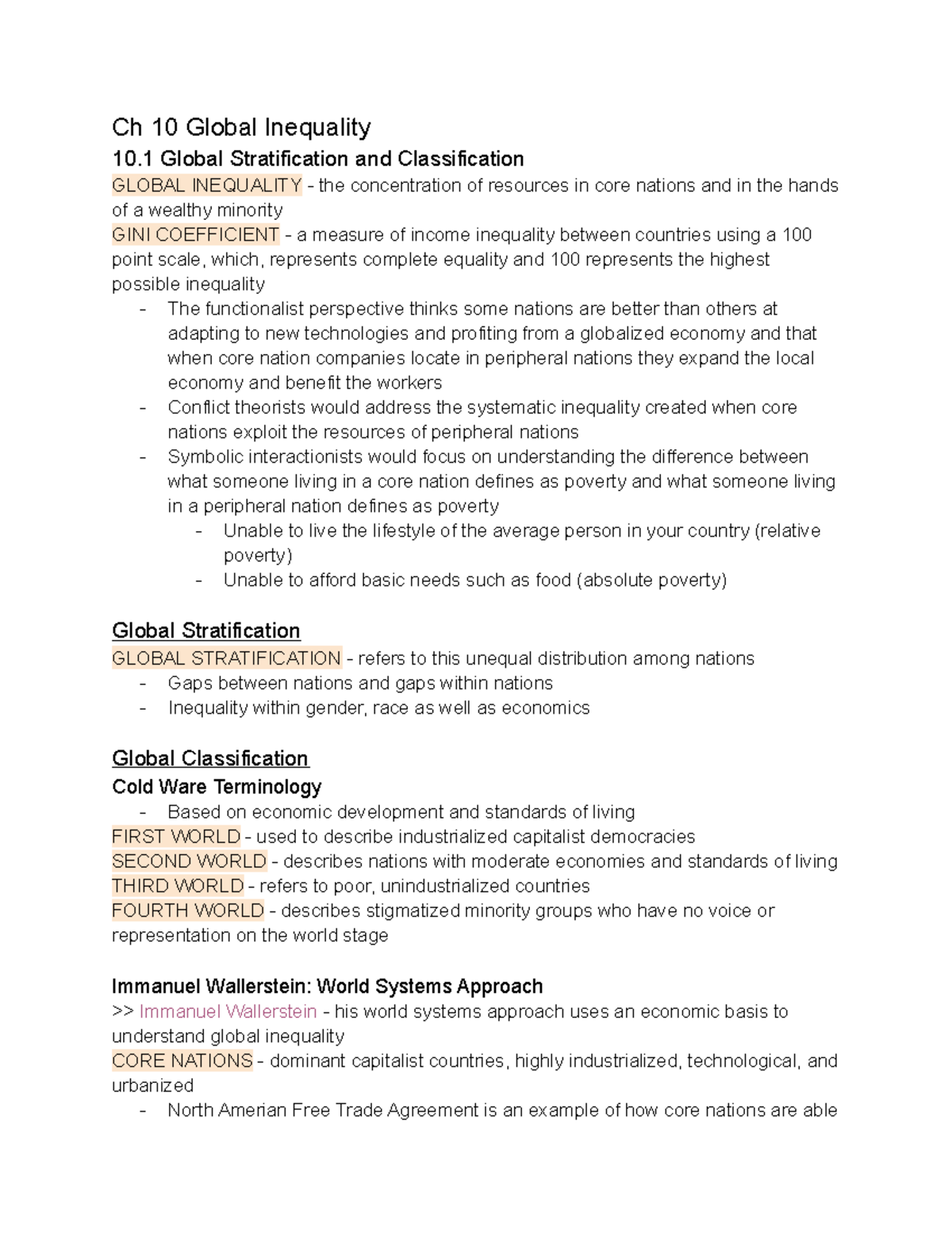 SOC Ch 10 - Reading Notes - Ch 10 Global Inequality 10 Global ...