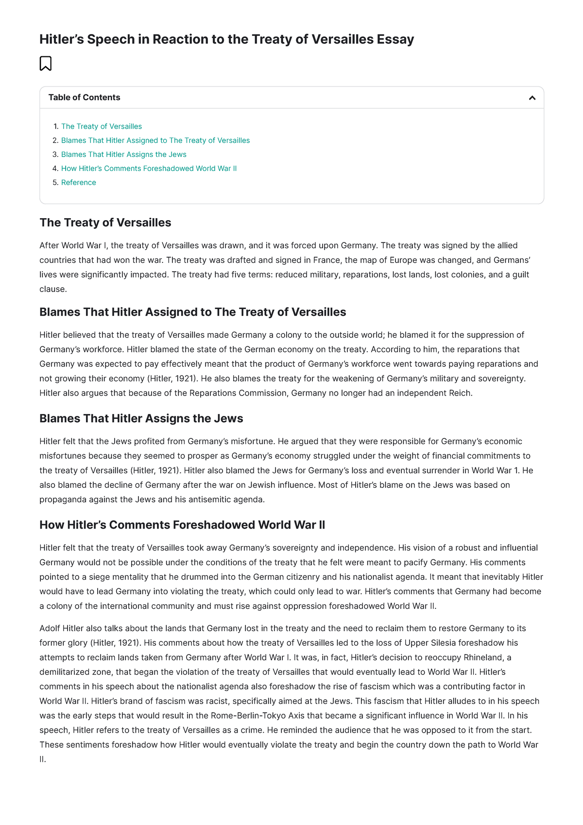 Hitler's Speech on the Treaty of Versailles: Analysis & Impact - Essay ...