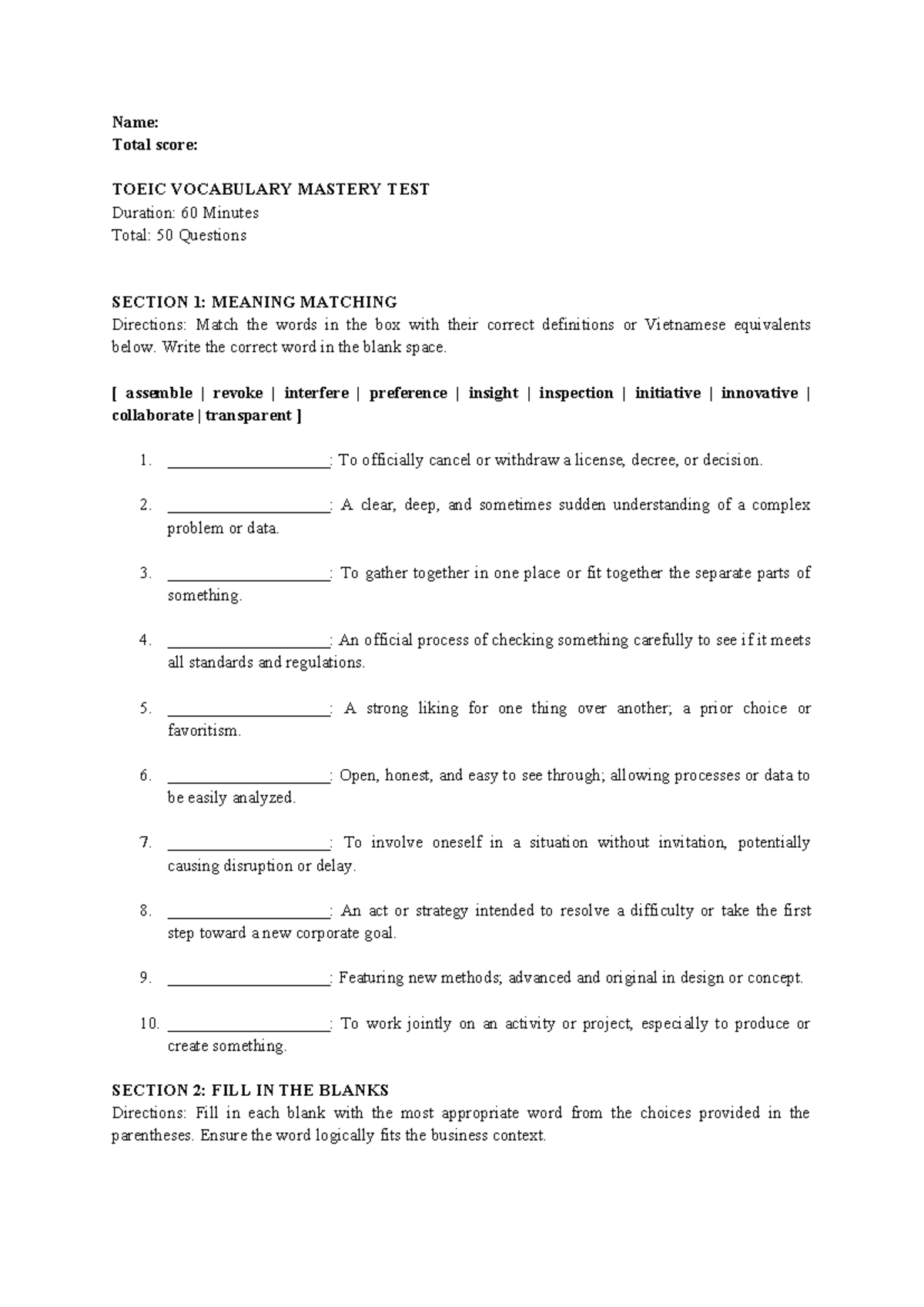 TOEIC VOCABULARY MASTERY TEST: Comprehensive Practice Guide - Studocu
