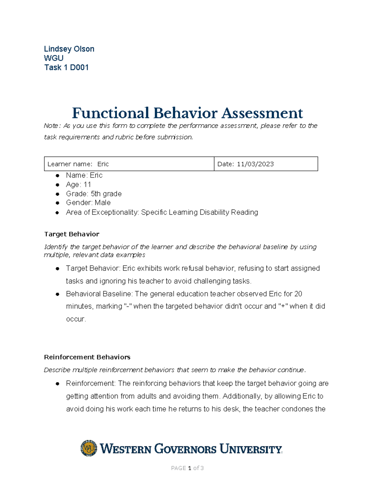 FBA BIP Task 1 D001 - Functional Behavior Assessment for Eric - Studocu