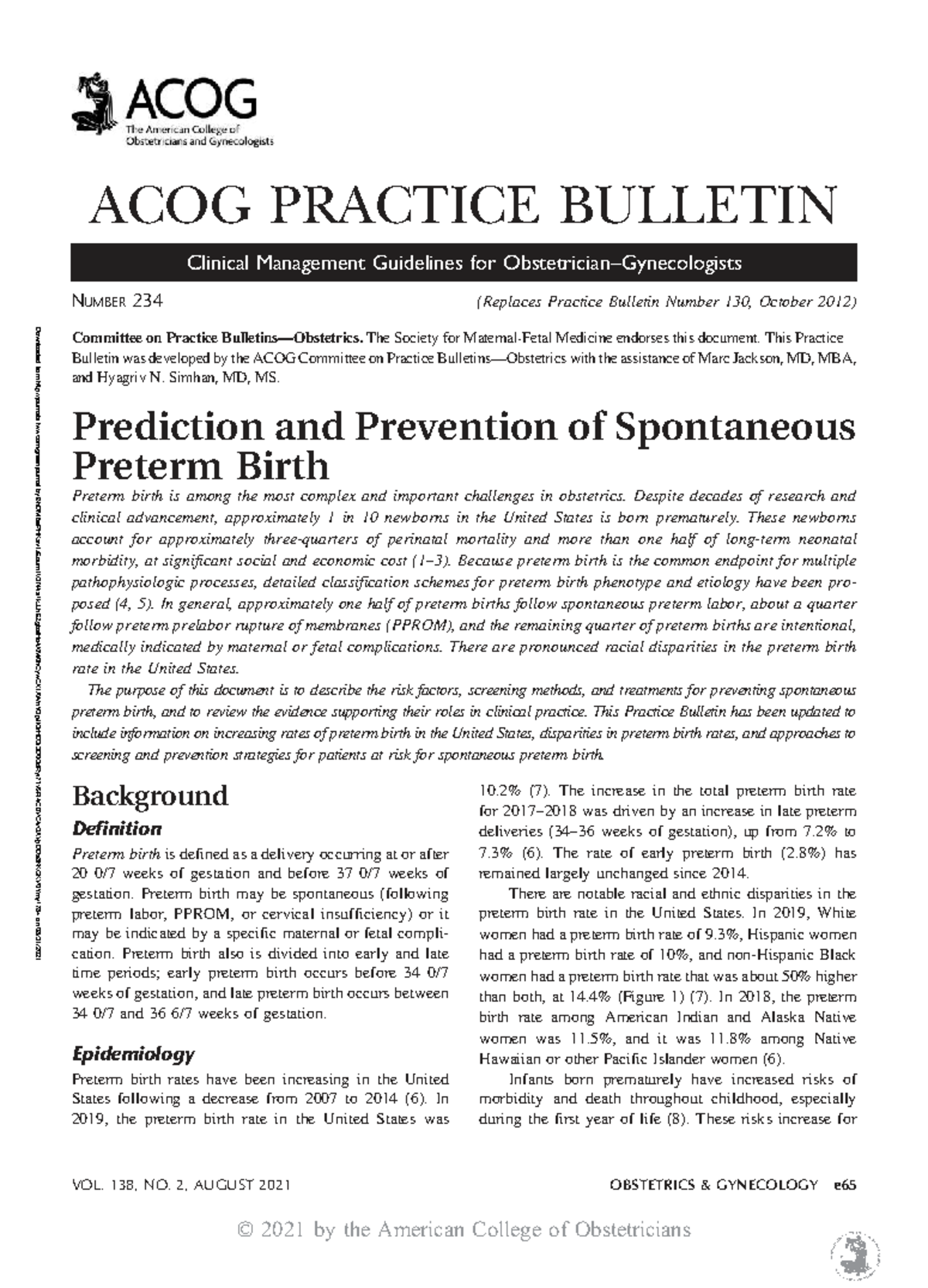 ACOG PRACTICE BULLETIN: Guidelines for Spontaneous Preterm Birth ...