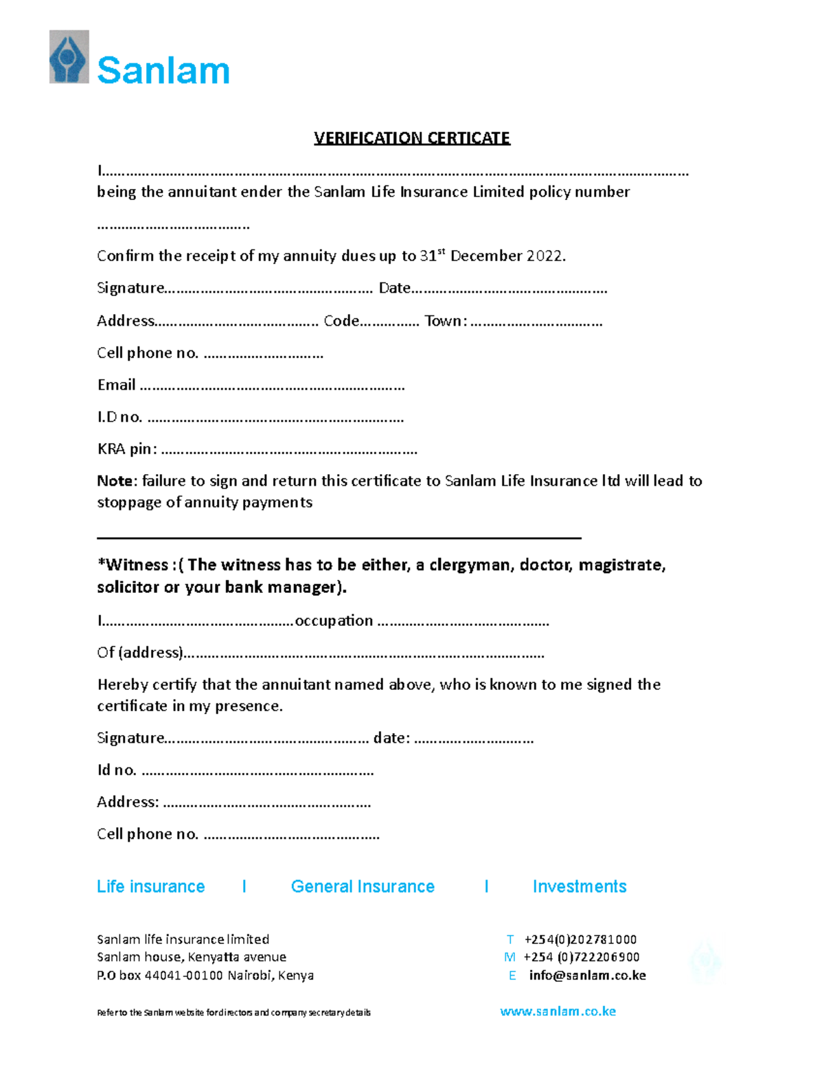 Verification Certificate for Sanlam Life Insurance Annuity - Studocu