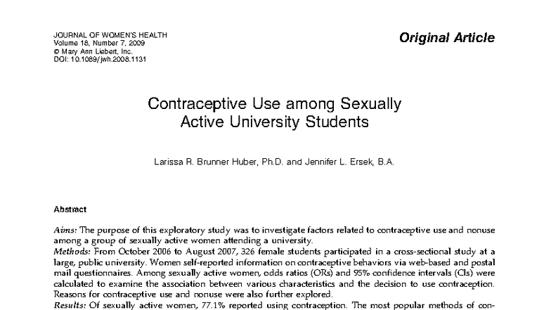 Contraceptive Use Among University Students: Insights from Huber 2009 ...
