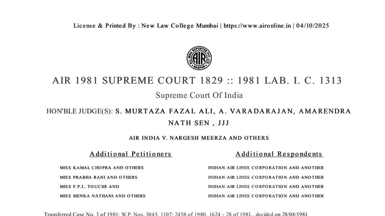 Supreme Court Case Study: AIR 1981 - Air India vs. Nargesh Meerza - Studocu
