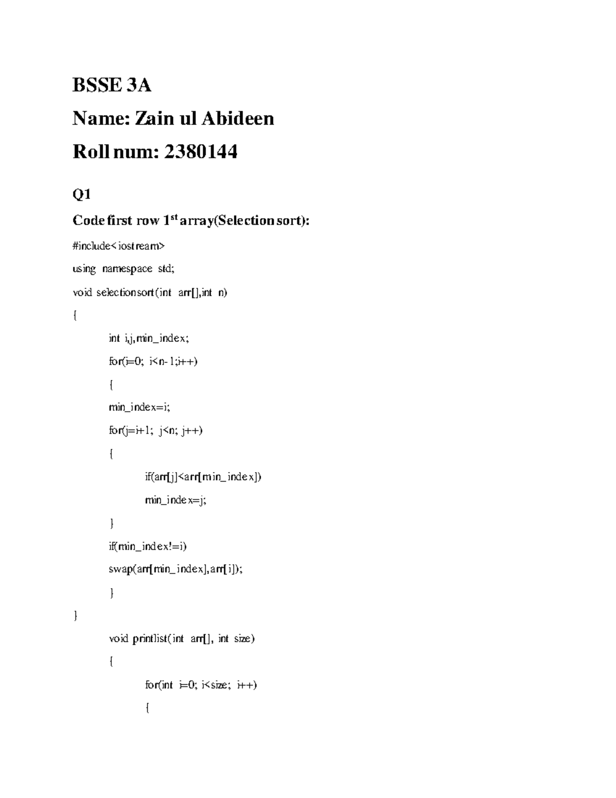 BSSE 3A DSA Final Exam Code Solutions - 2380144 - Studocu