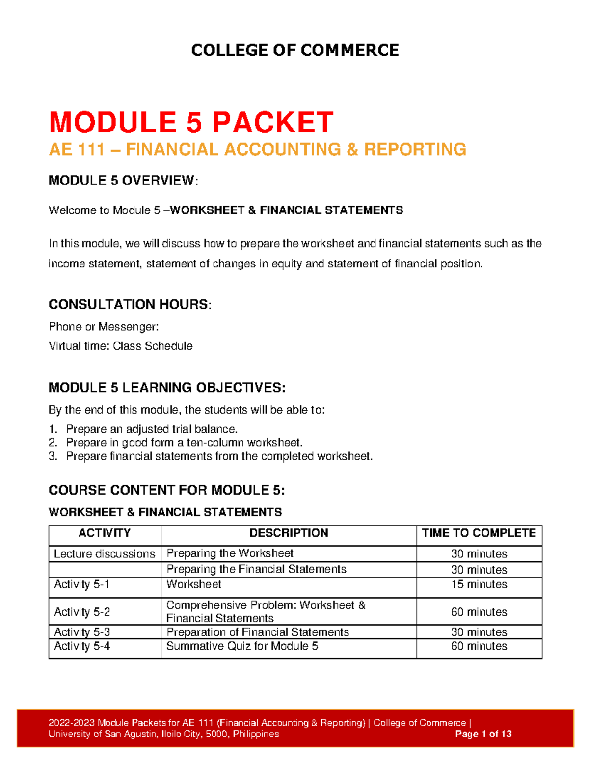 AE 111 Module 5: Financial Statements Preparation Guide - Studocu