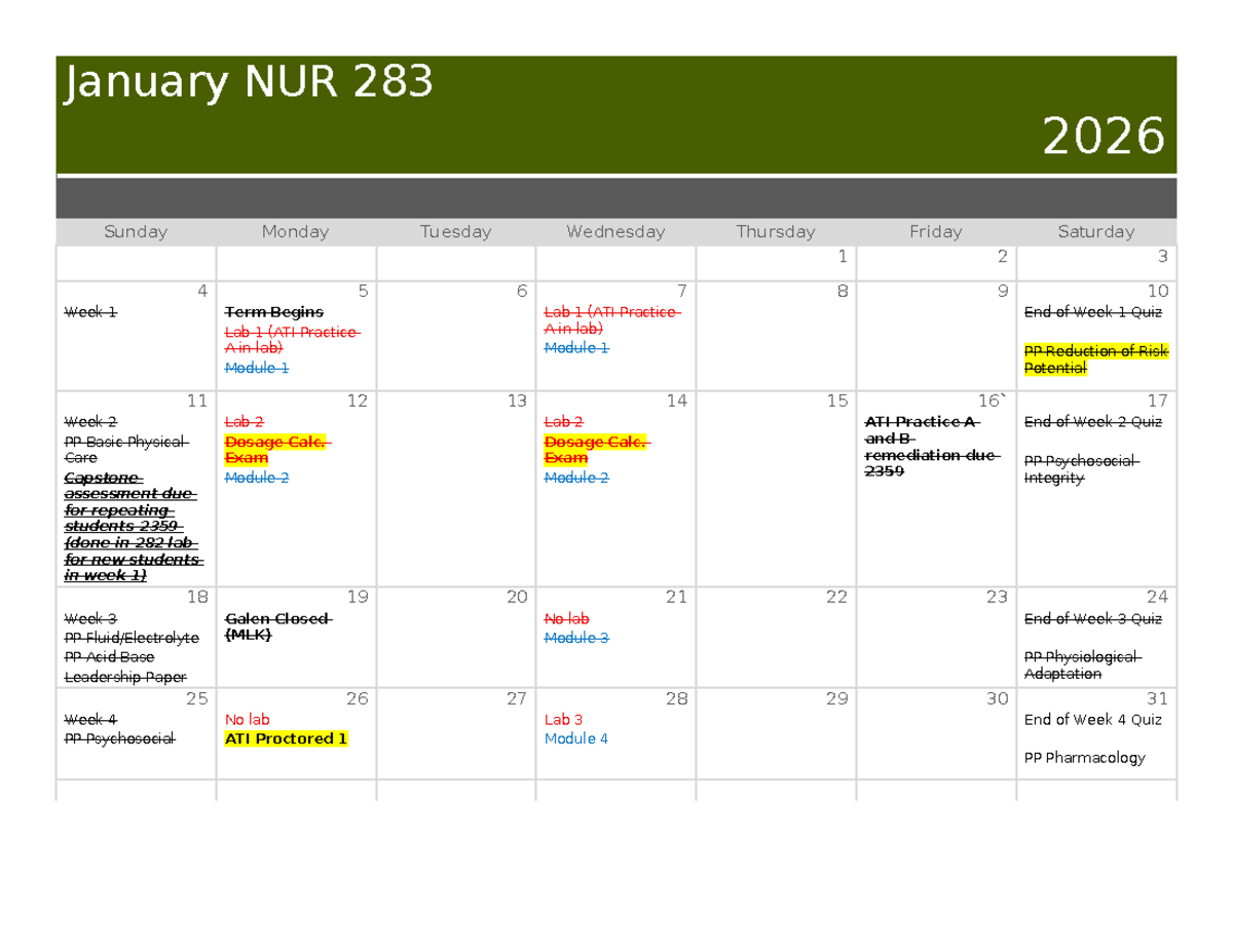 NUR 283 Spring 2026 Course Calendar and Weekly Schedule - Studocu