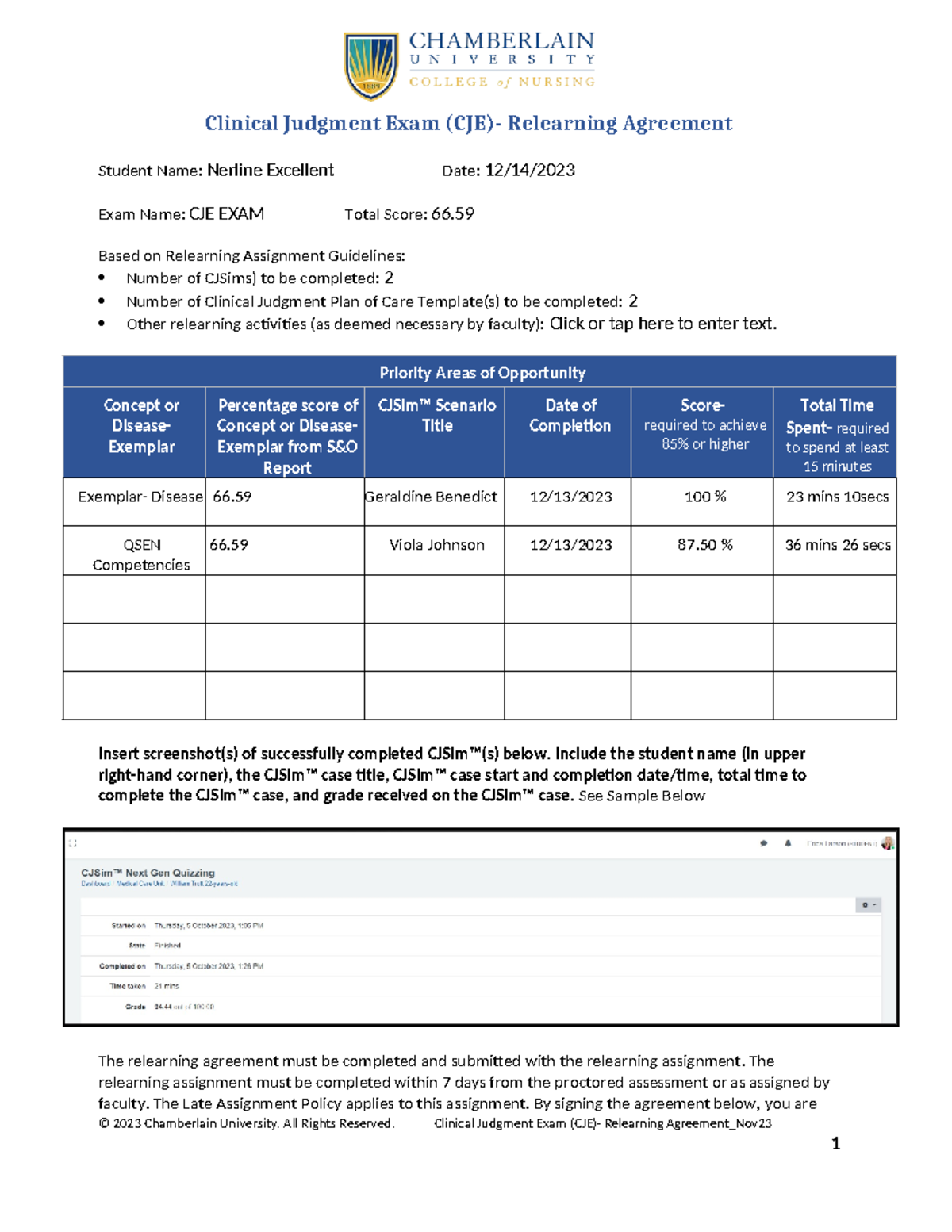 CJE Relearning Agreement for Clinical Judgment Exam Completion - Studocu