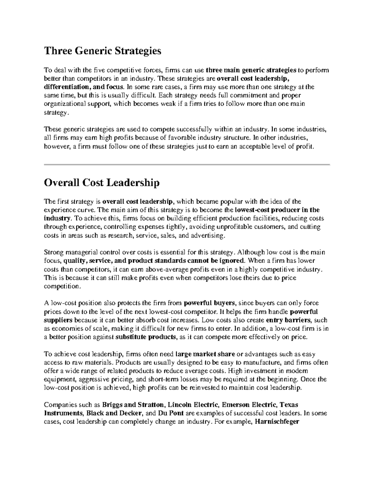 Three Generic Strategies for Competitive Advantage Analysis - Studocu