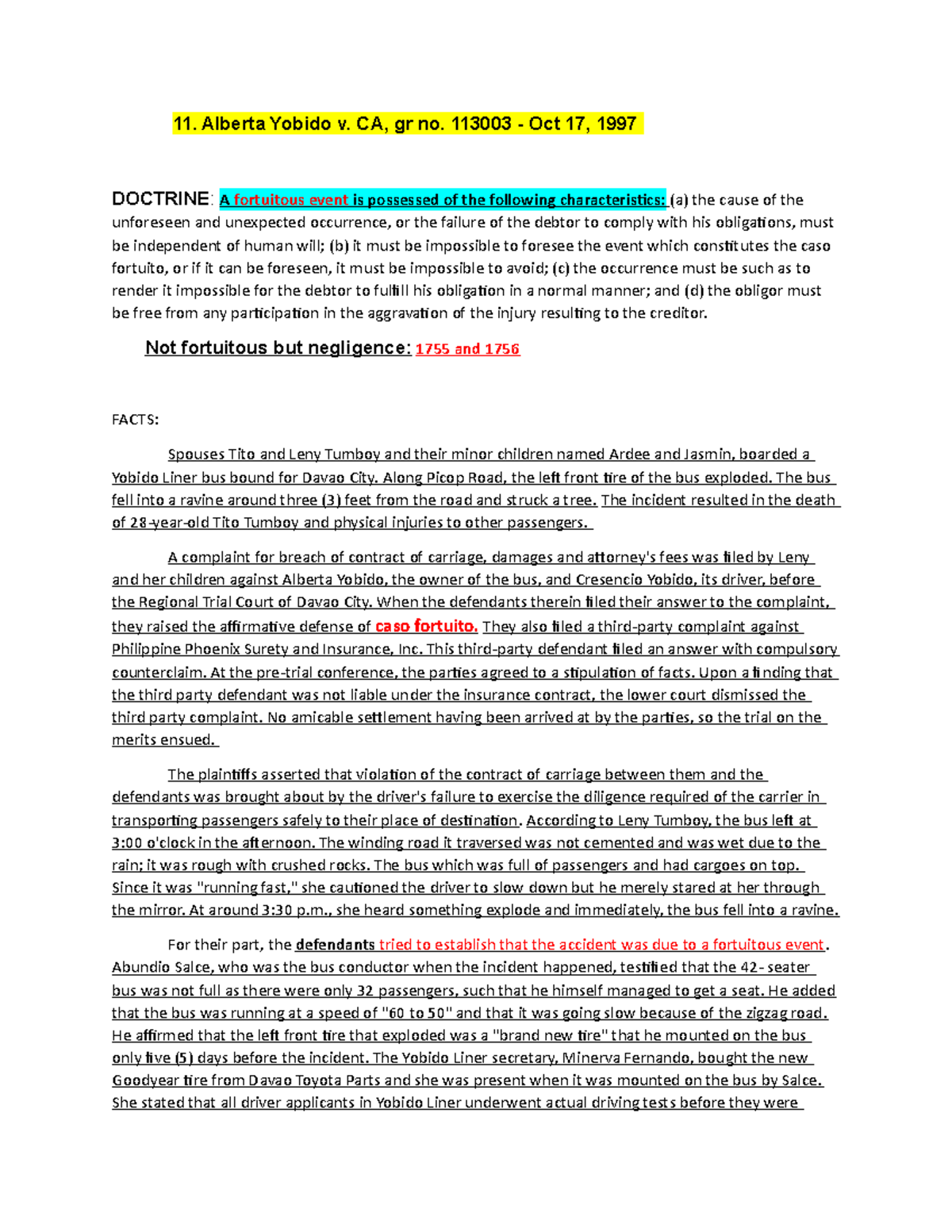 Alberta Yobido v. CA - Case Digest on Fortuitous Events & Liability ...